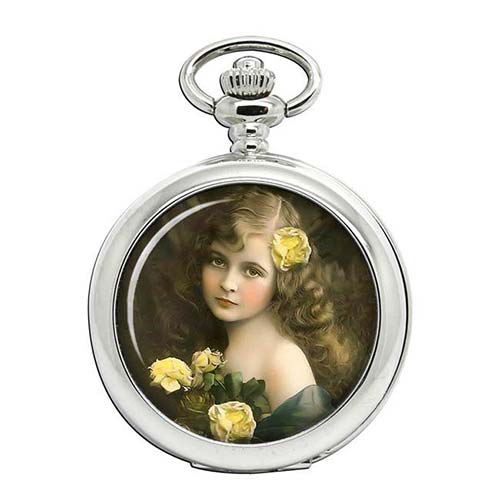 UK Gift Shop Victorian Girl with Yellow Roses Pocket Watch